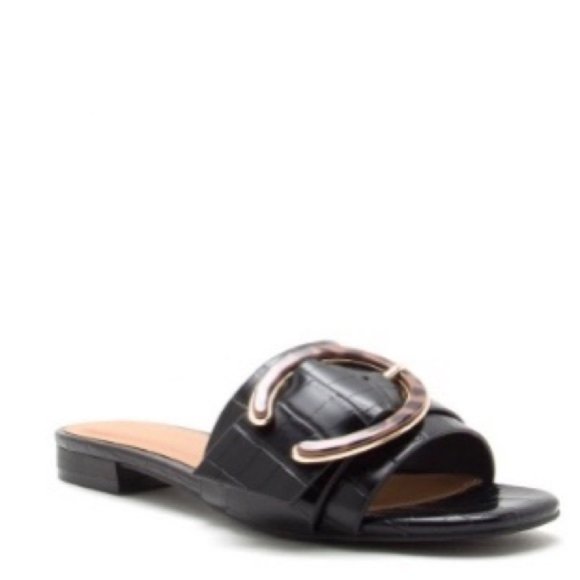 Shoes | Black Croc Slides With Tortoise Shell Buckle | Poshmark